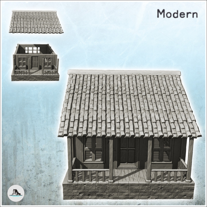 3D Printable Modern house with platform front terrace and tiled roof ...