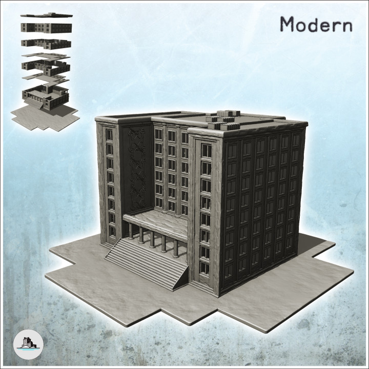 3D Printable Large modern multi-storey building with wide staircase and ...