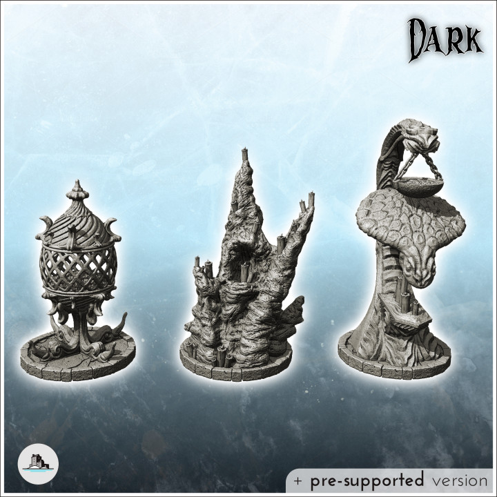 3D Printable Set of three evil totems with snake-shaped torches and ...