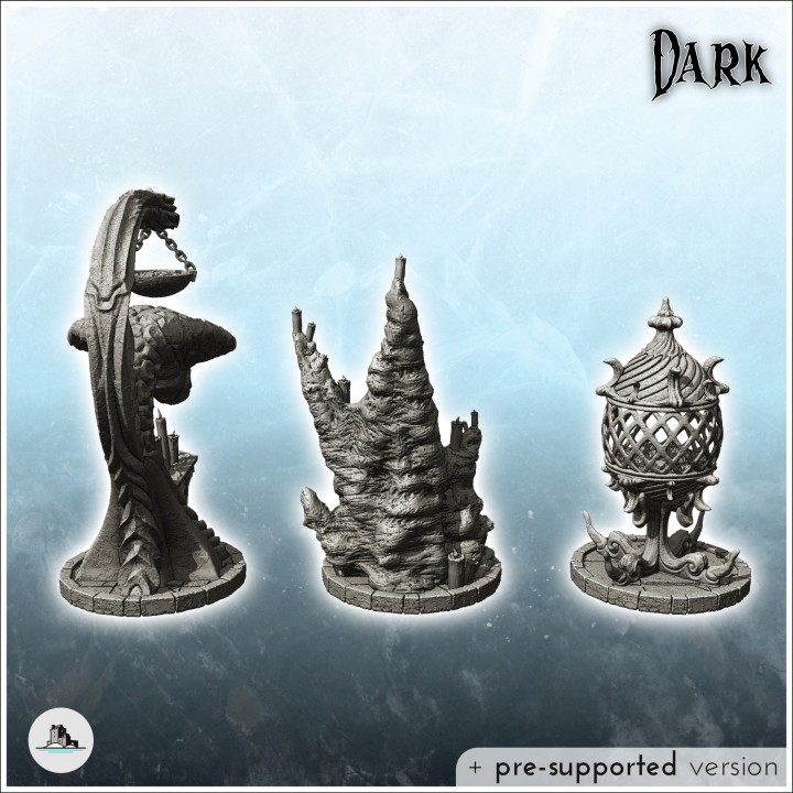 3D Printable Set of three evil totems with snake-shaped torches and ...