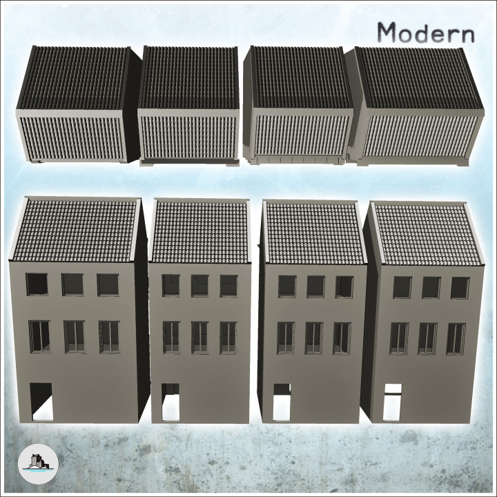3D Printable Set of four modern two-story buildings with tile roofs (7 ...