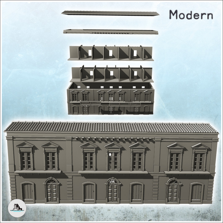 3D Printable Long building with tile roof and long balcony (1) - Modern ...
