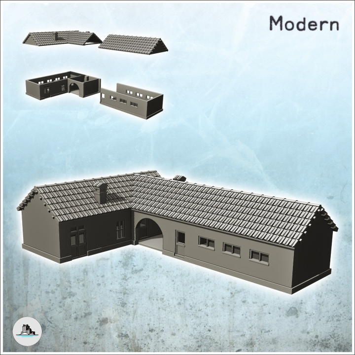 3D Printable Military barracks with central access arch and tile roof ...