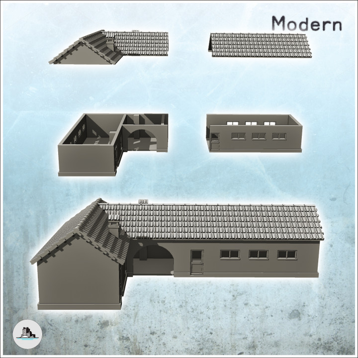 3D Printable Military barracks with central access arch and tile roof ...