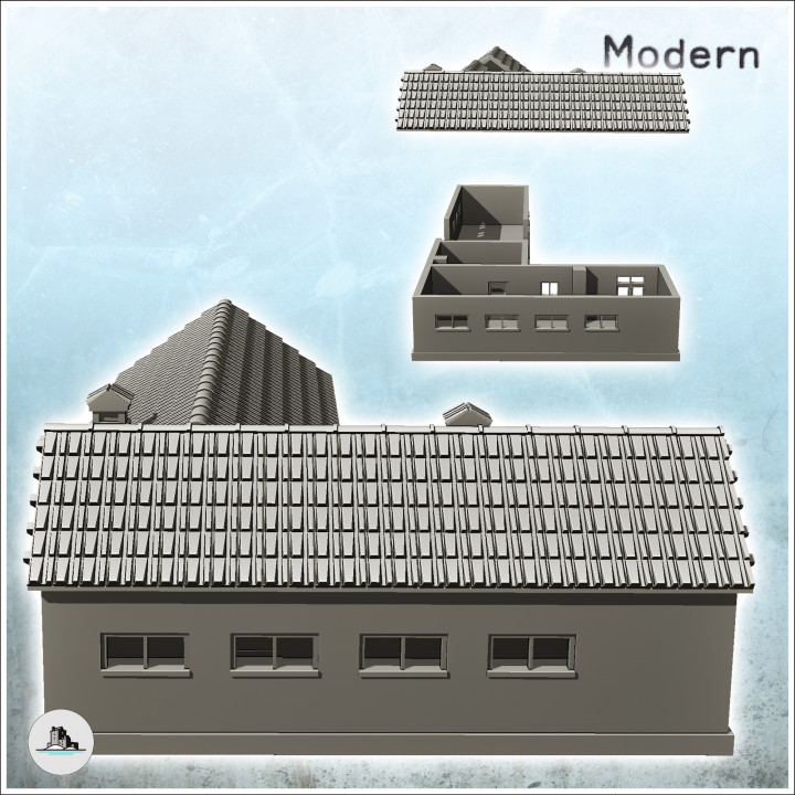 3D Printable Military barracks with central access arch and tile roof ...