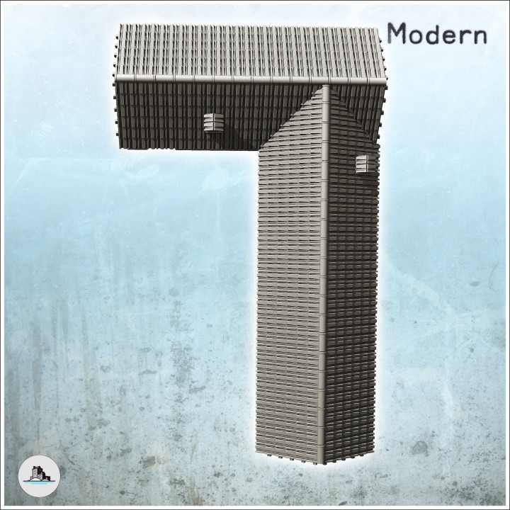 3D Printable Military barracks with central access arch and tile roof ...