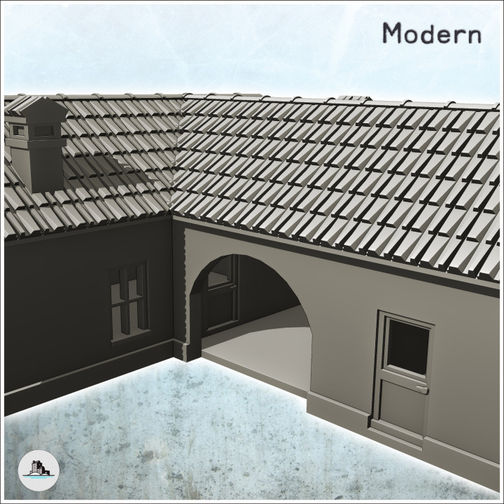 3D Printable Military barracks with central access arch and tile roof ...