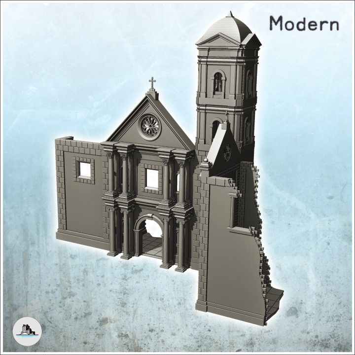 3D Printable Neoclassical monastery in ruins with pediment and bell ...