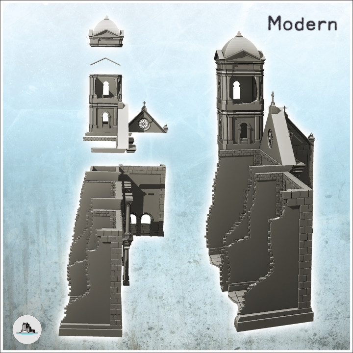 3D Printable Neoclassical monastery in ruins with pediment and bell ...