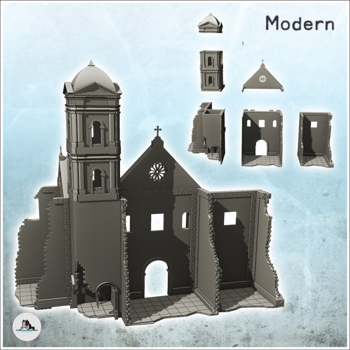 3D Printable Neoclassical monastery in ruins with pediment and bell ...