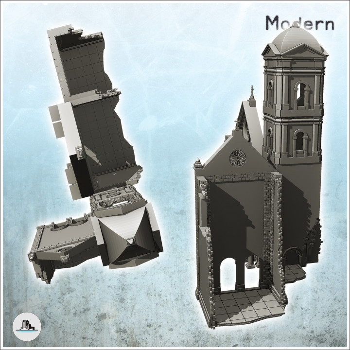 3D Printable Neoclassical monastery in ruins with pediment and bell ...