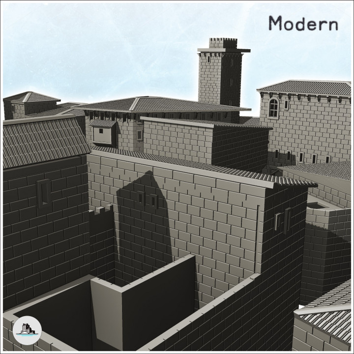 3D Printable Large building complex of old European city with bell ...