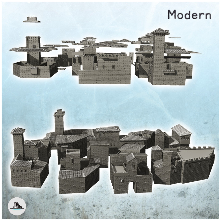 3D Printable Large building complex of old European city with bell ...