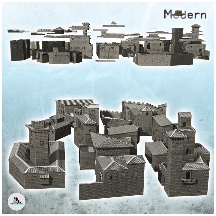 3D Printable Large building complex of old European city with bell ...