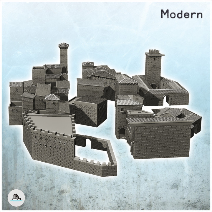 3D Printable Large building complex of old European city with bell ...