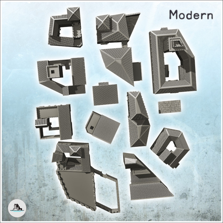 3D Printable Large building complex of old European city with bell ...