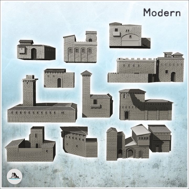 3D Printable Large building complex of old European city with bell ...