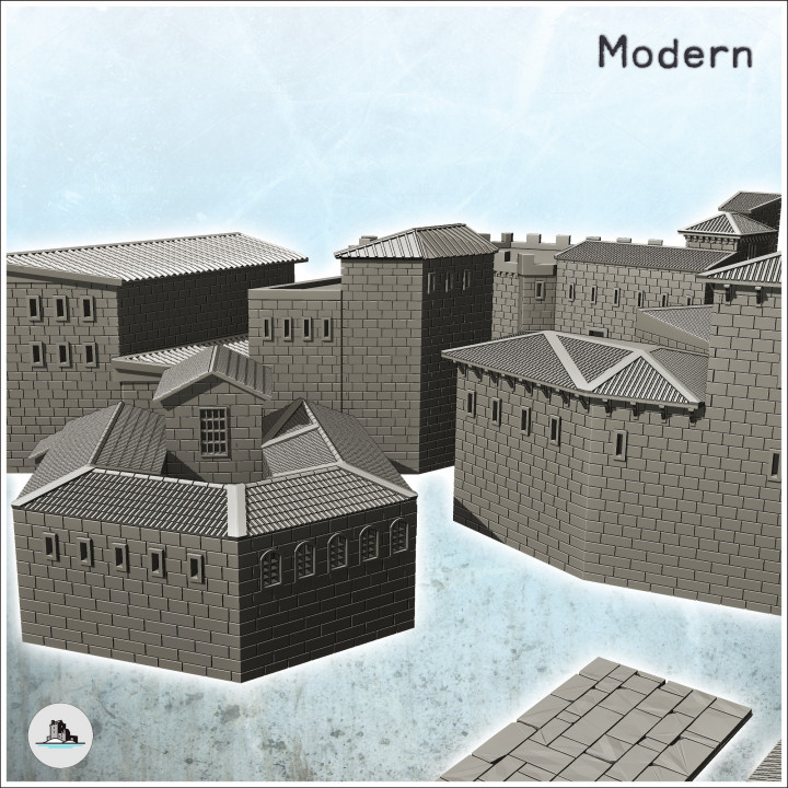 3D Printable Large building complex of old European city with bell ...