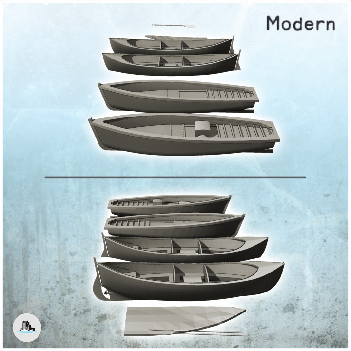 3D Printable Set of retaining walls of stone banks with set of boats ...
