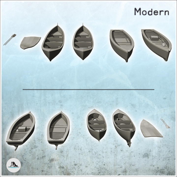 3D Printable Set of retaining walls of stone banks with set of boats ...