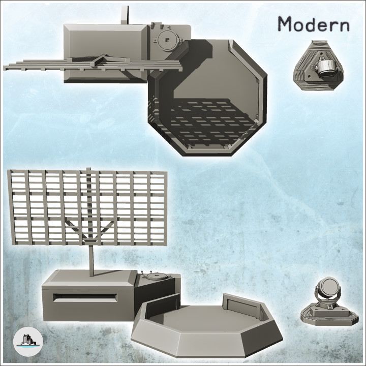 3D Printable Radar installation with light spot, bunker and air defense ...
