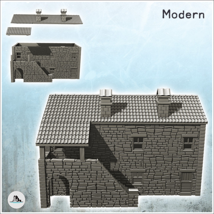 3D Printable House in exposed stone with access stairs and tiled roof ...