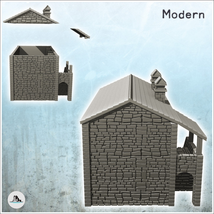 3D Printable House in exposed stone with access stairs and tiled roof ...