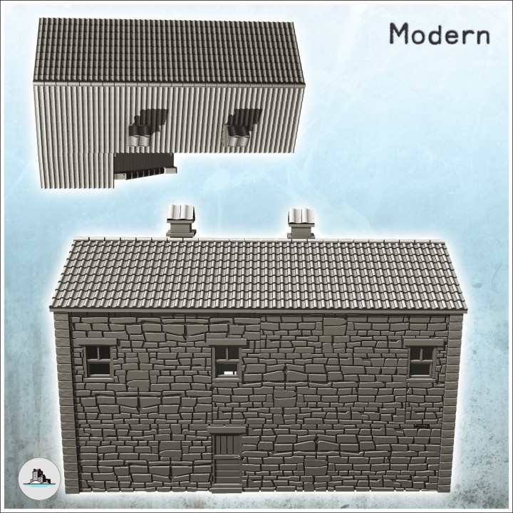 3D Printable House in exposed stone with access stairs and tiled roof ...