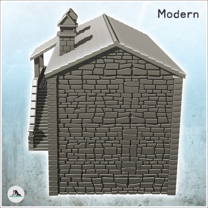 3D Printable House in exposed stone with access stairs and tiled roof ...