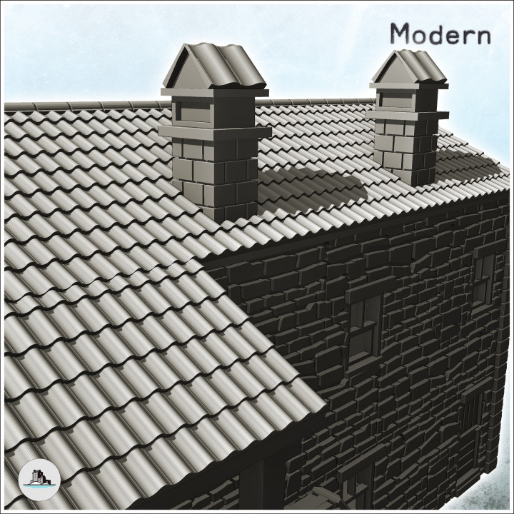 3D Printable House in exposed stone with access stairs and tiled roof ...