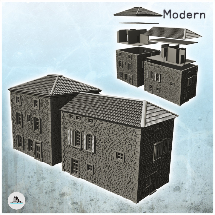 3D Printable Set of two tiled roof houses with stone walls and shutters ...