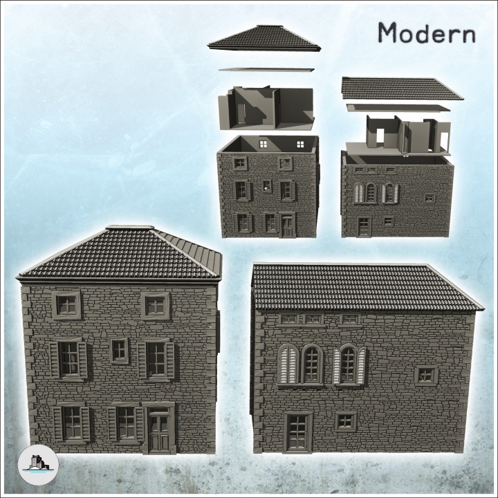 3D Printable Set of two tiled roof houses with stone walls and shutters ...