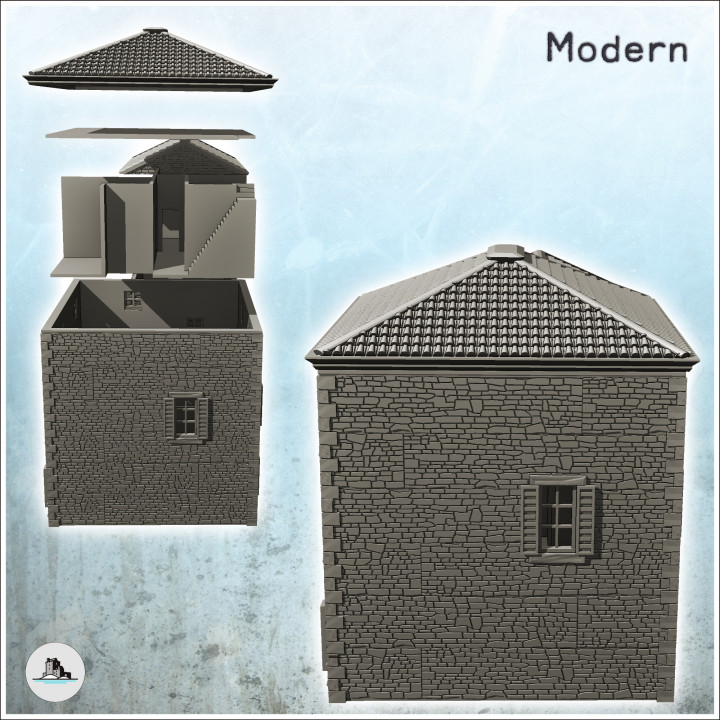 3D Printable Set of two tiled roof houses with stone walls and shutters ...