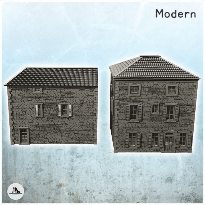 3D Printable Set of two tiled roof houses with stone walls and shutters ...