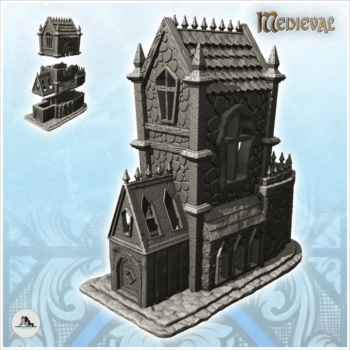 3D Printable Medieval Gothic building with large stone tower and roof ...