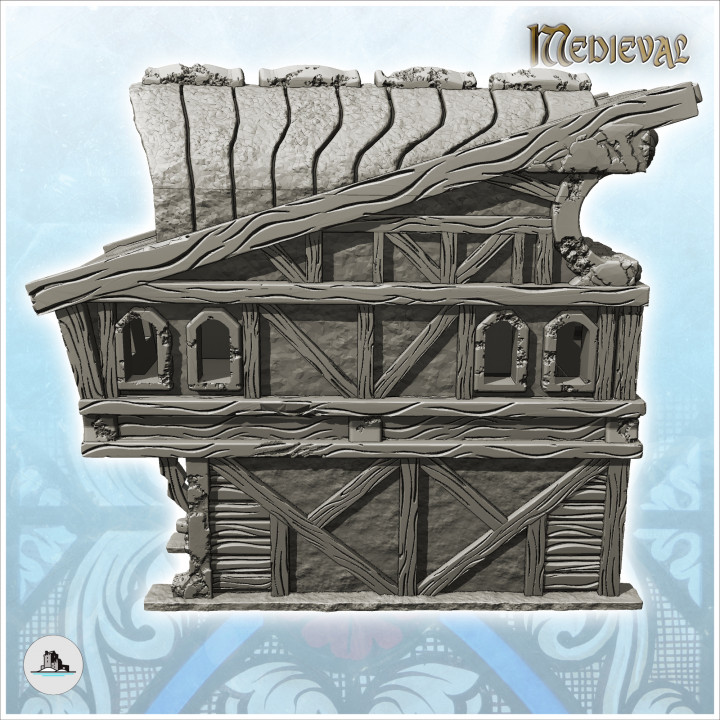 3D Printable Medieval building with wide sloping roof and half-timbered ...
