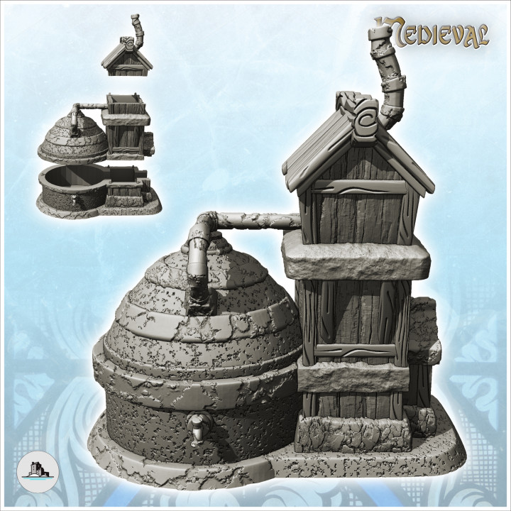 3D Printable Medieval workshop with large annex tank and drain pipes ...