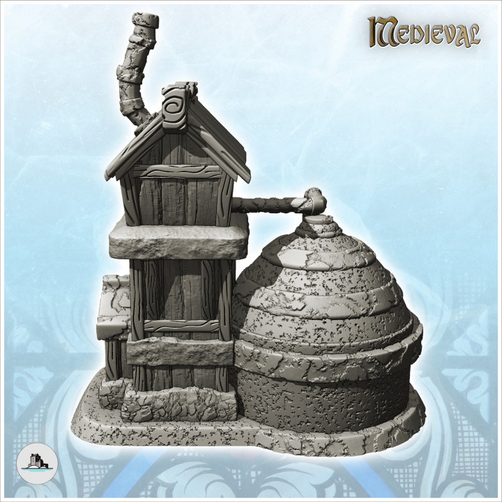 3D Printable Medieval workshop with large annex tank and drain pipes ...