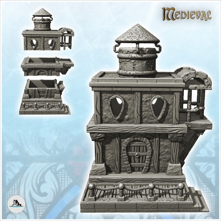 3D Printable Medieval house with wooden platform and overhanging ...