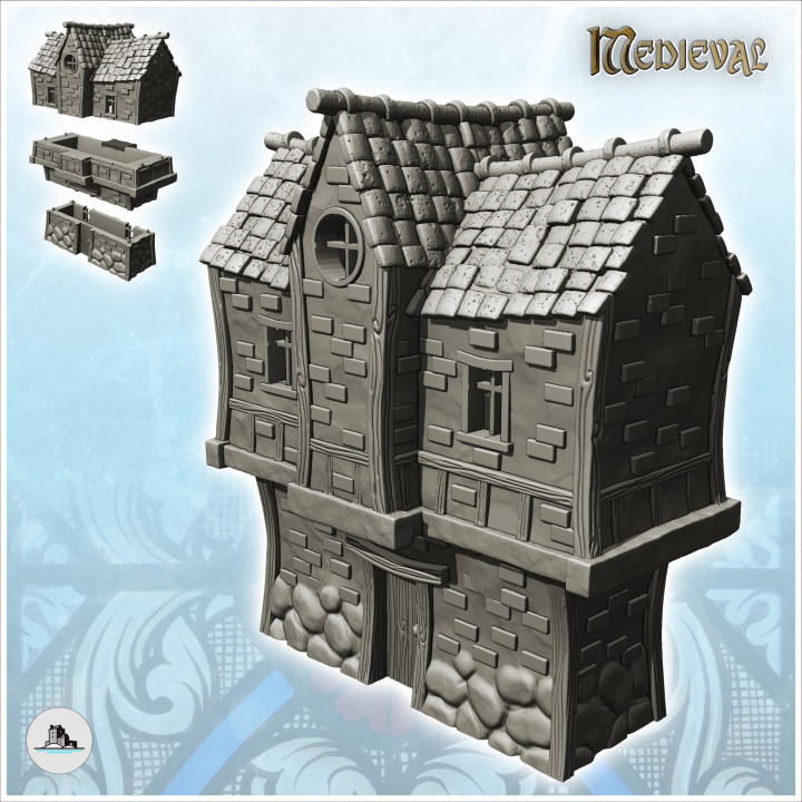 3D Printable Medieval house with wooden beams with large floor with ...