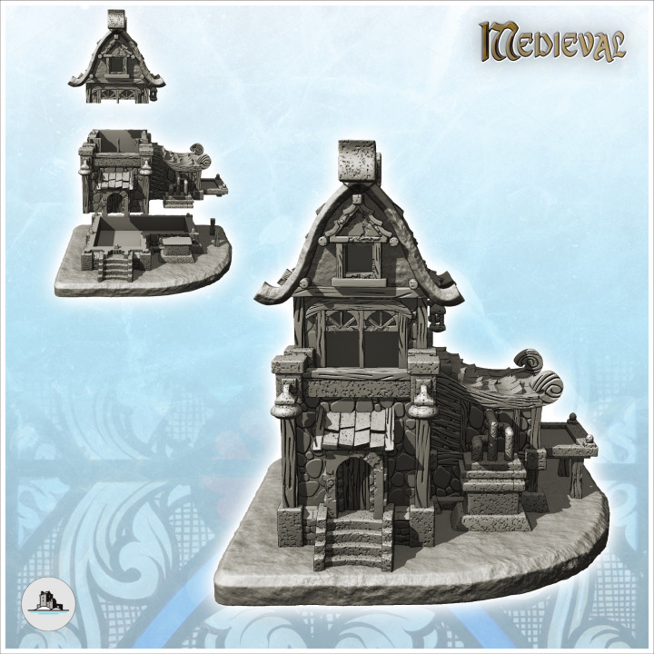 3D Printable Large medieval building with double terraces and exterior ...