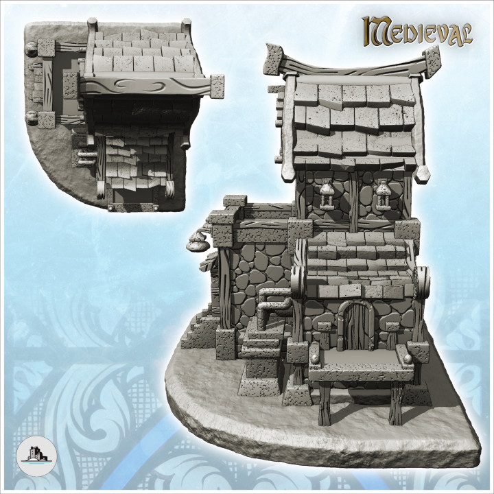 3D Printable Large medieval building with double terraces and exterior ...