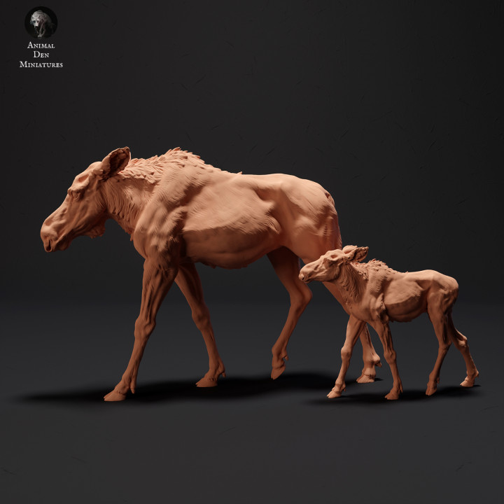 3D Printable Moose Female and Calf by Animal Den Miniatures