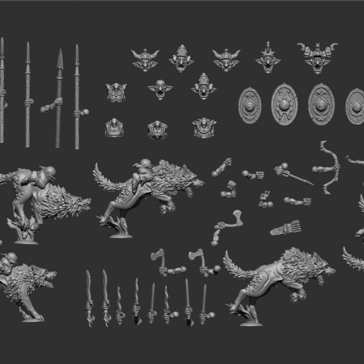 3D Printable Mythic Goblin Wolf Rider Kit by Warp Miniatures