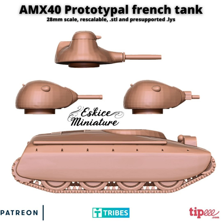 3D Printable AMX40 Prototypal french tank - 28mm by Eskice Miniature - Aron
