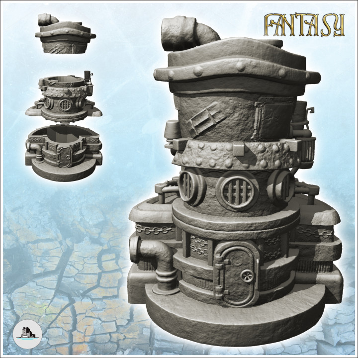 3D Printable Round steampunk building with pipes and metal door (1 ...