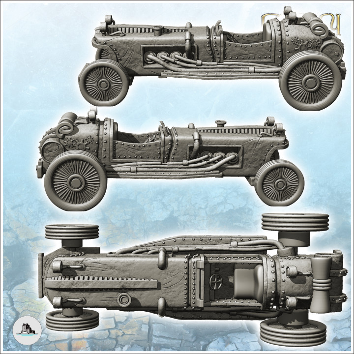 3D Printable Single-seater steampunk race car with visible pipes (3 ...