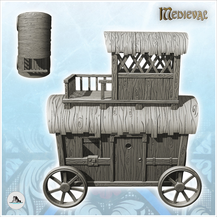 3D Printable Merchant caravan on wooden wheels with terrace (1 ...