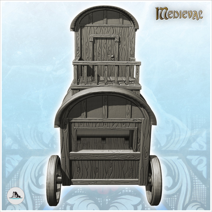 3D Printable Merchant caravan on wooden wheels with terrace (1 ...