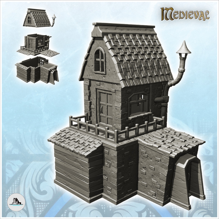 3D Printable Medieval house with entrance under porch, two-storey ...